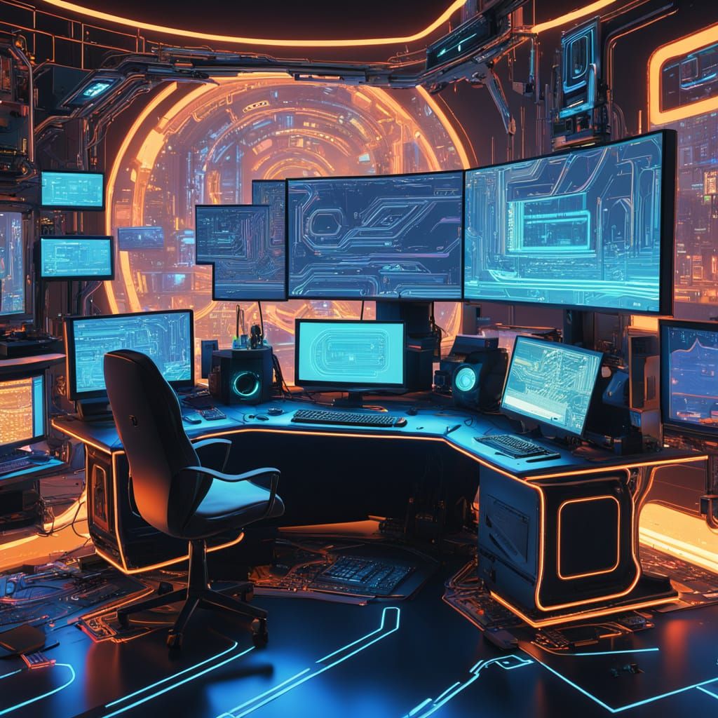 Cyberpunk Computer Setup with Windows 11 Professio... - AI Art