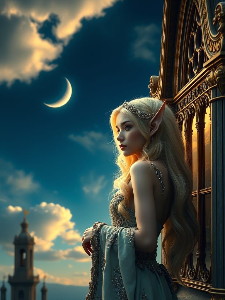 Ethereal Elven Princess Contemplates Nighttime Sky... - AI Art