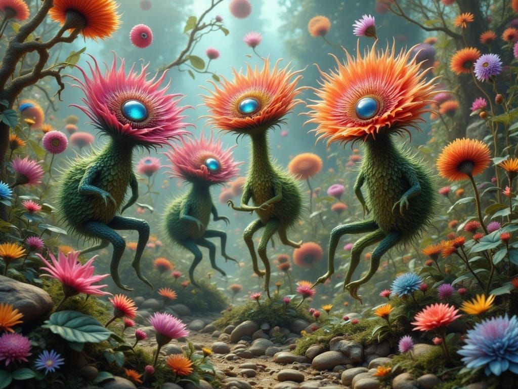 Flower Creatures Run Through Colorful Jungle - AI Art