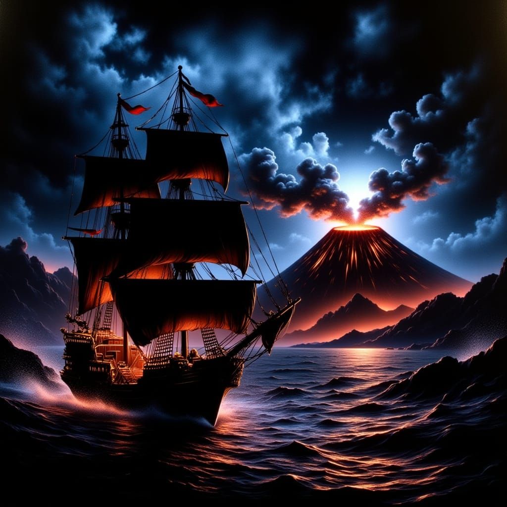 Pirate ship sailing past a volcano that is erupting causing the sky to ...