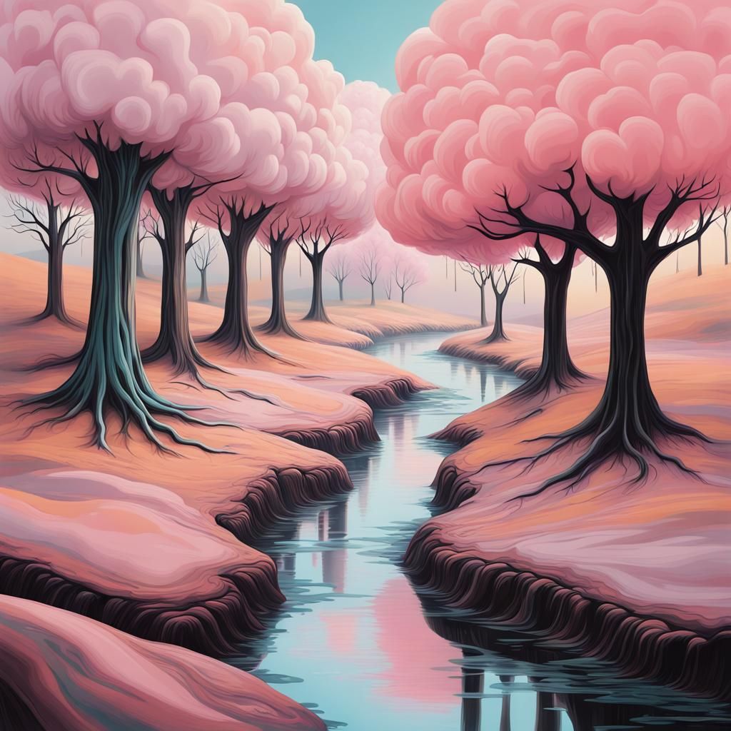 whimsical landscape where trees are candy floss hues of pastels and ...