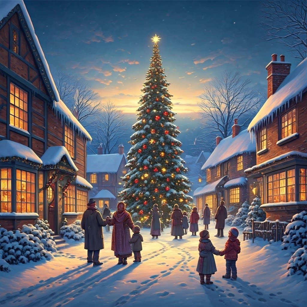 Small village christmas, night time, people drinking, christmas tree