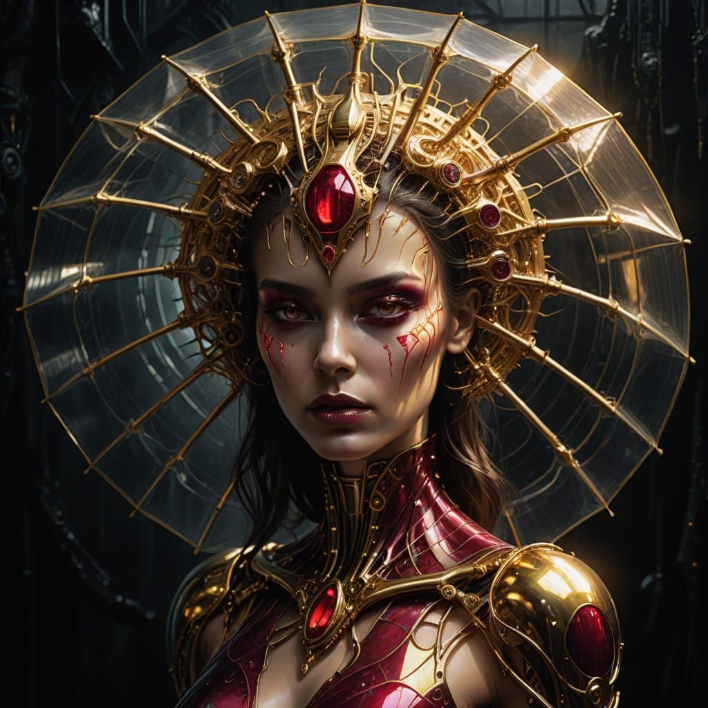 Woman - Ethereal Ruby-Gold Biomechanical Form in Dark Futuri...