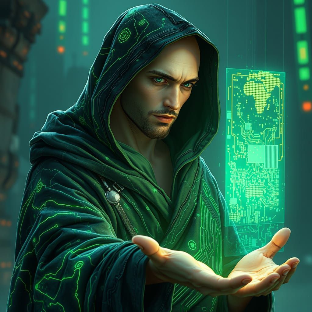 Cyberpunk Netrunner in Neon-Lit Robes with Etherea... - AI Art