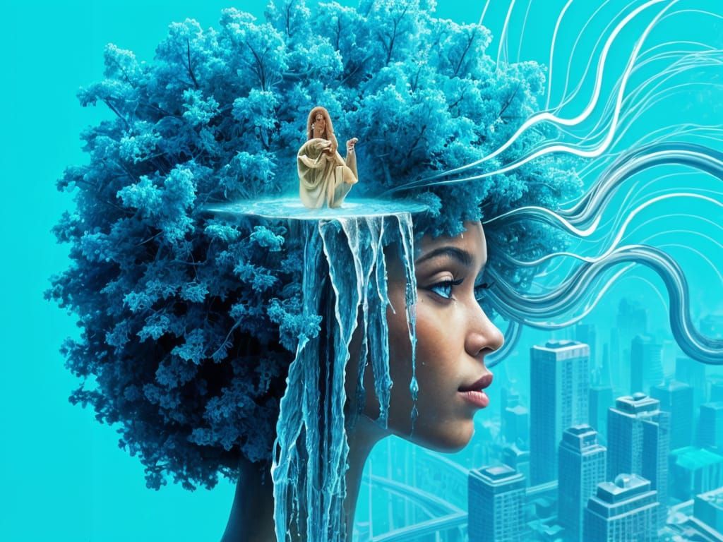 Surreal Teal Afro Woman Transcends Reality in Vibr... - AI Art