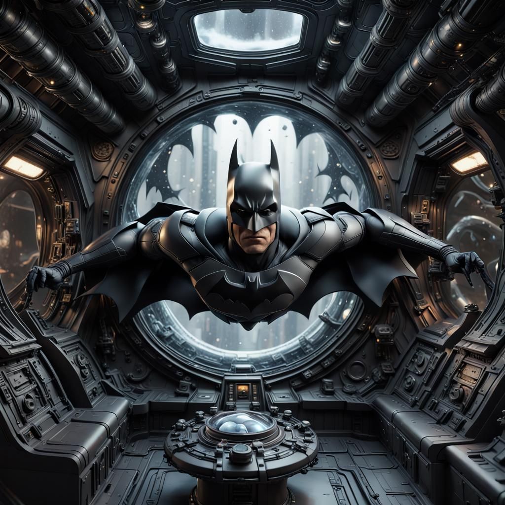 Batman floating around the interior of a BATMAN SPACESHIP, bubbles ...