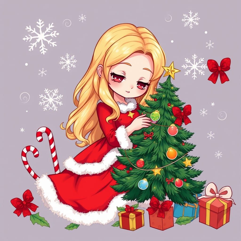 A festive Christmas chibi girl with long, wavy hair and fair skin ...