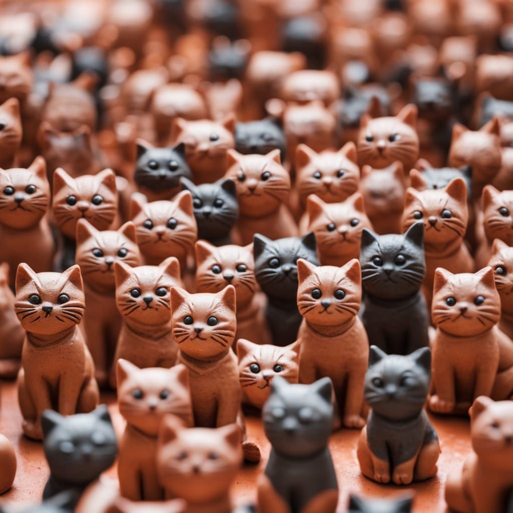 Terracotta Cat Figurine Army in Ethereal Light - AI Art