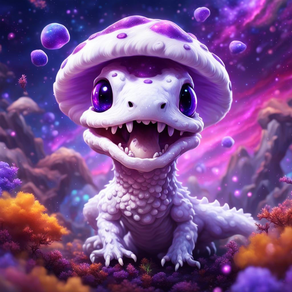 Hyper realistic cute tiny excited white and purple baby mushroom dragon ...