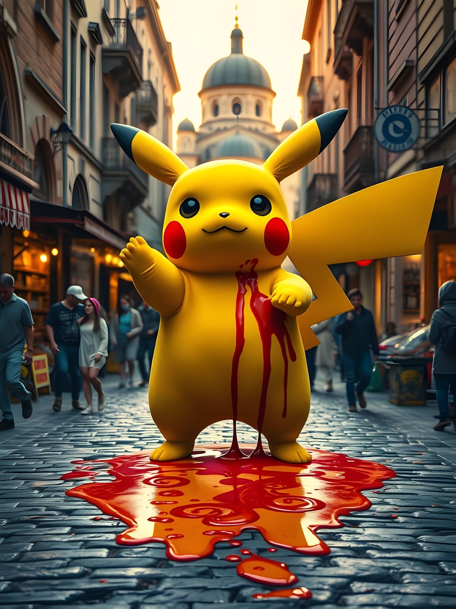 Pikachu dripping red paint on a street in Turkey