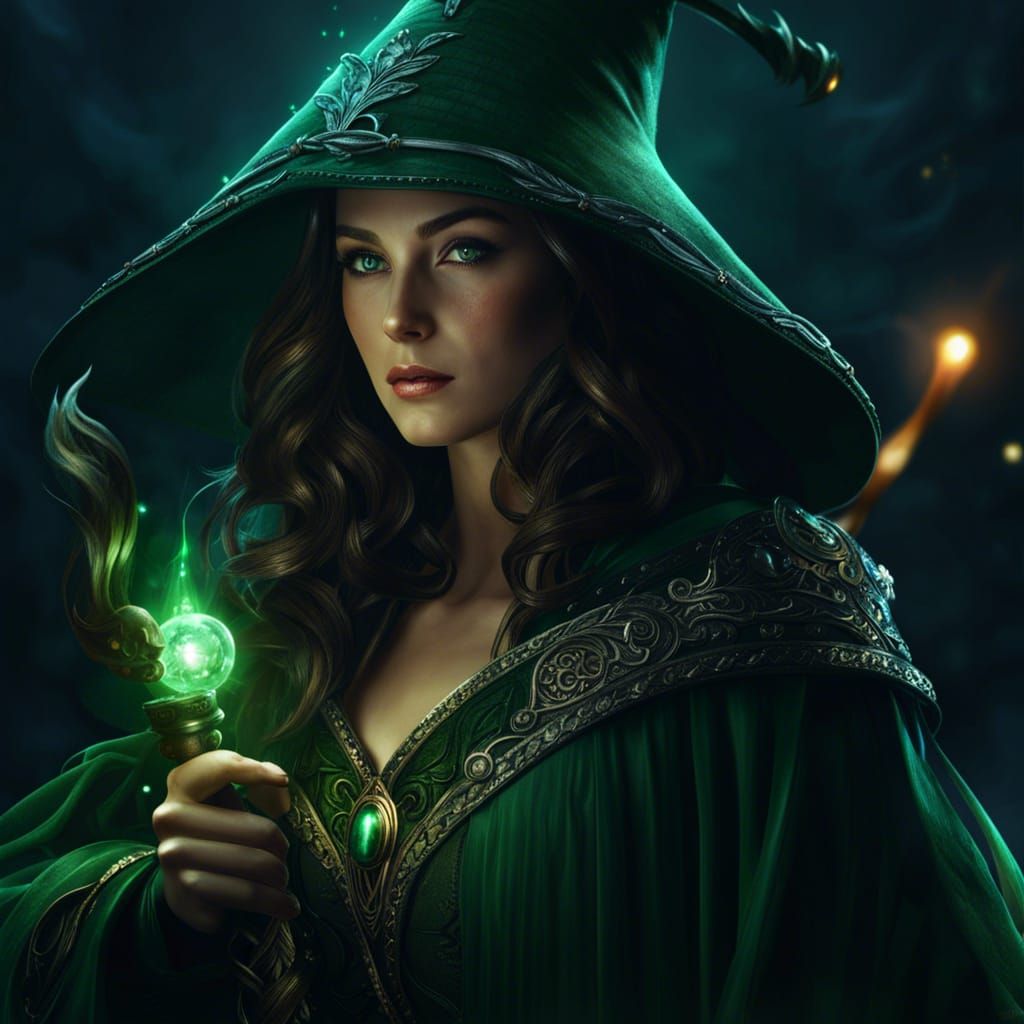 medieval female wizard, green eyes, magic staff, using elements, dark ...