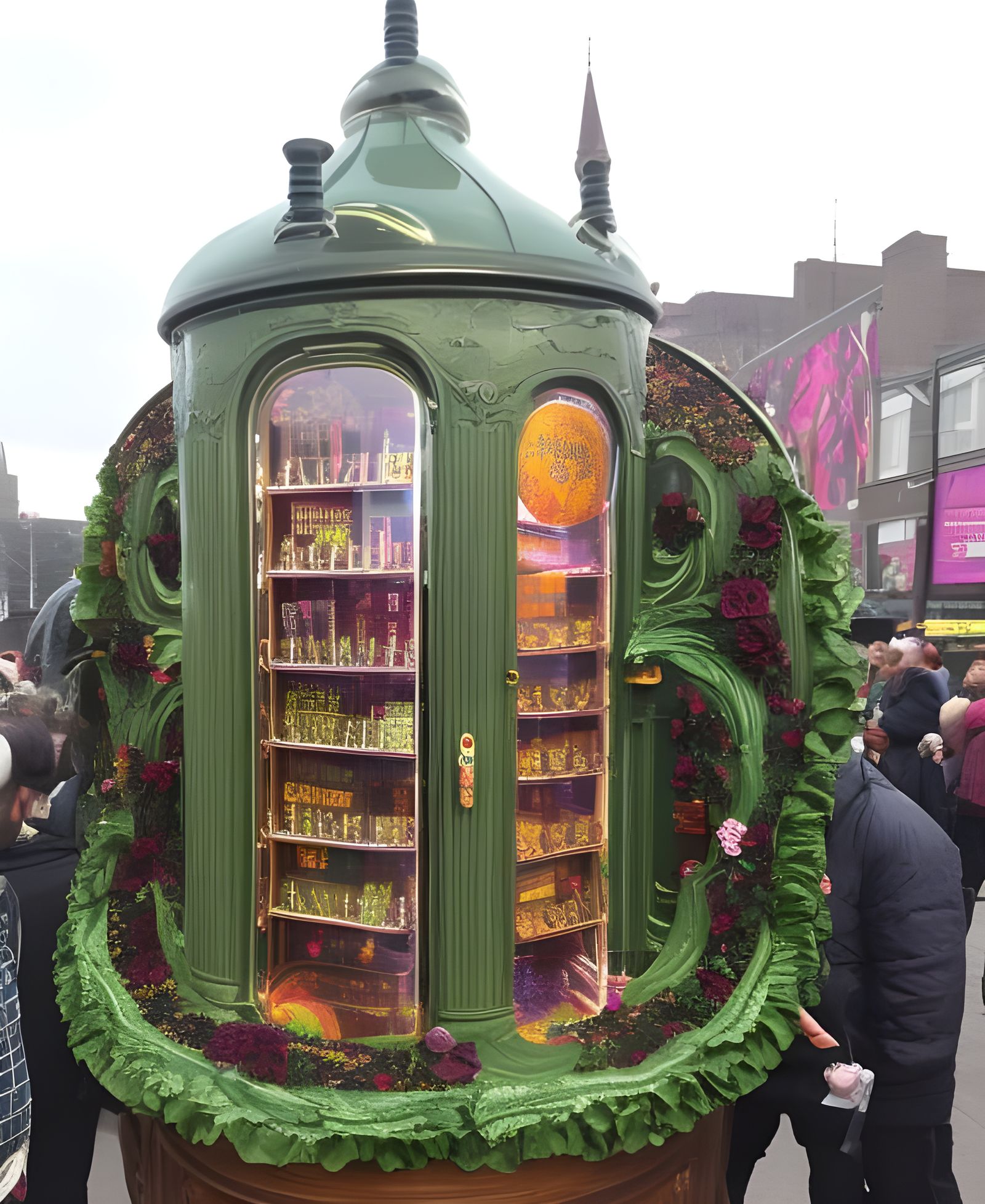Intricate vintage vending machine dispersing extravagant cabbages with ...