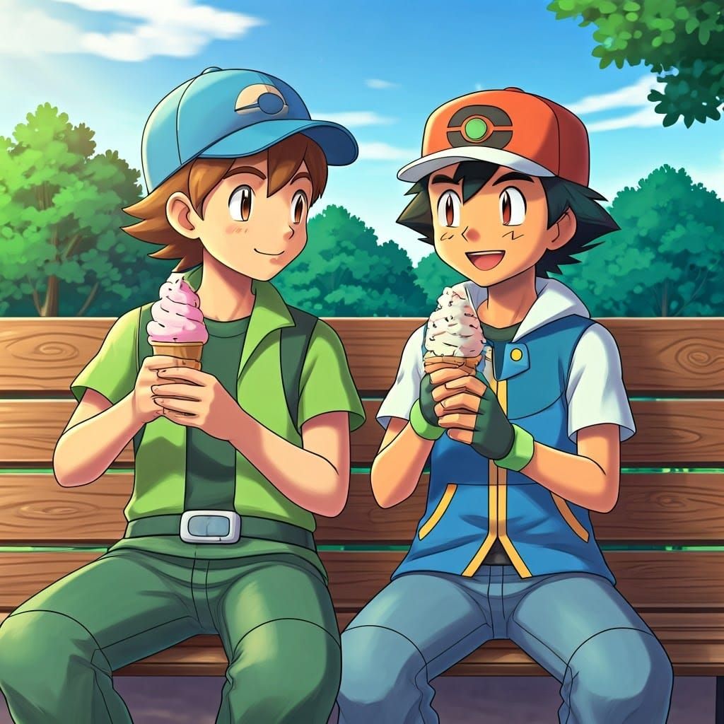 Ash Ketchum and Ritchie happily eat ice cream together