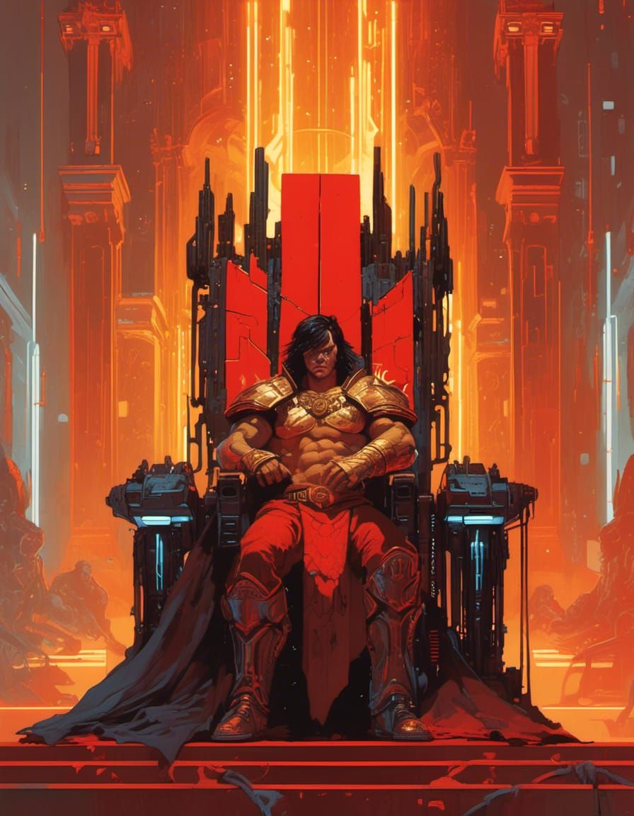 by :: hips-up portrait of smart lithe fearsome cyberpunk Conan the ...