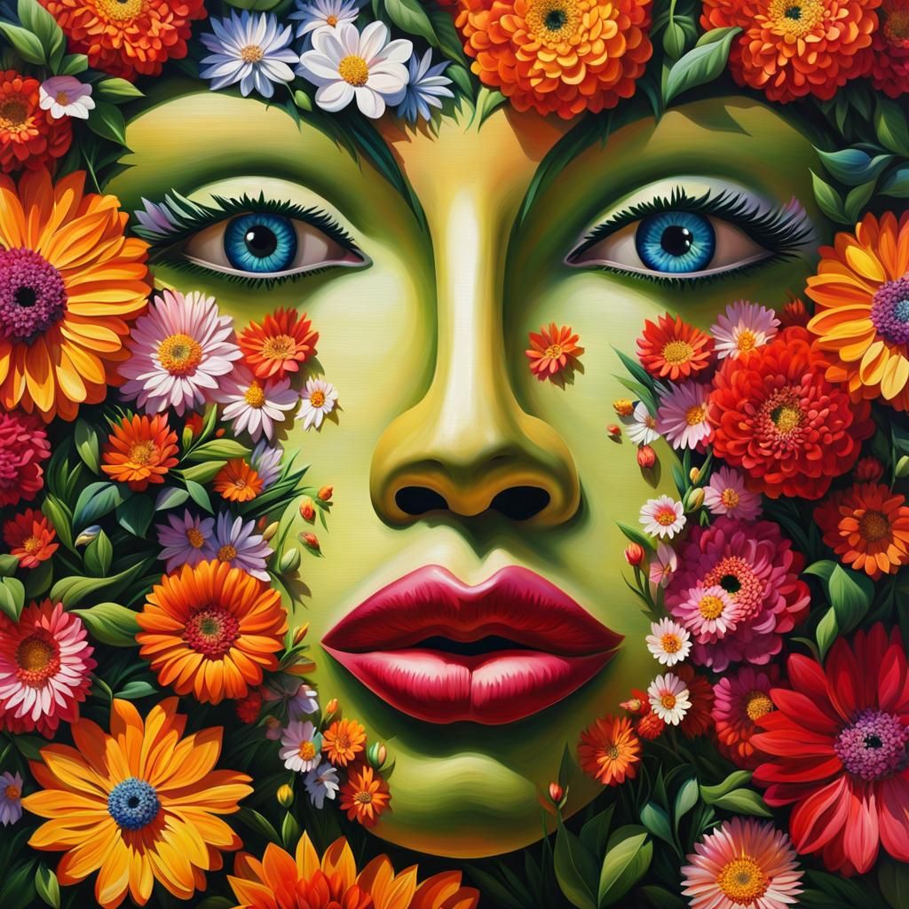 A 3D painting of a human face made of flowers, meticulously constructed ...