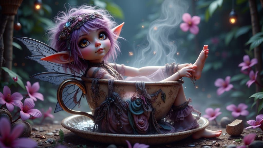 Whimsical coffee fairy enjoying a hot cuppa #1