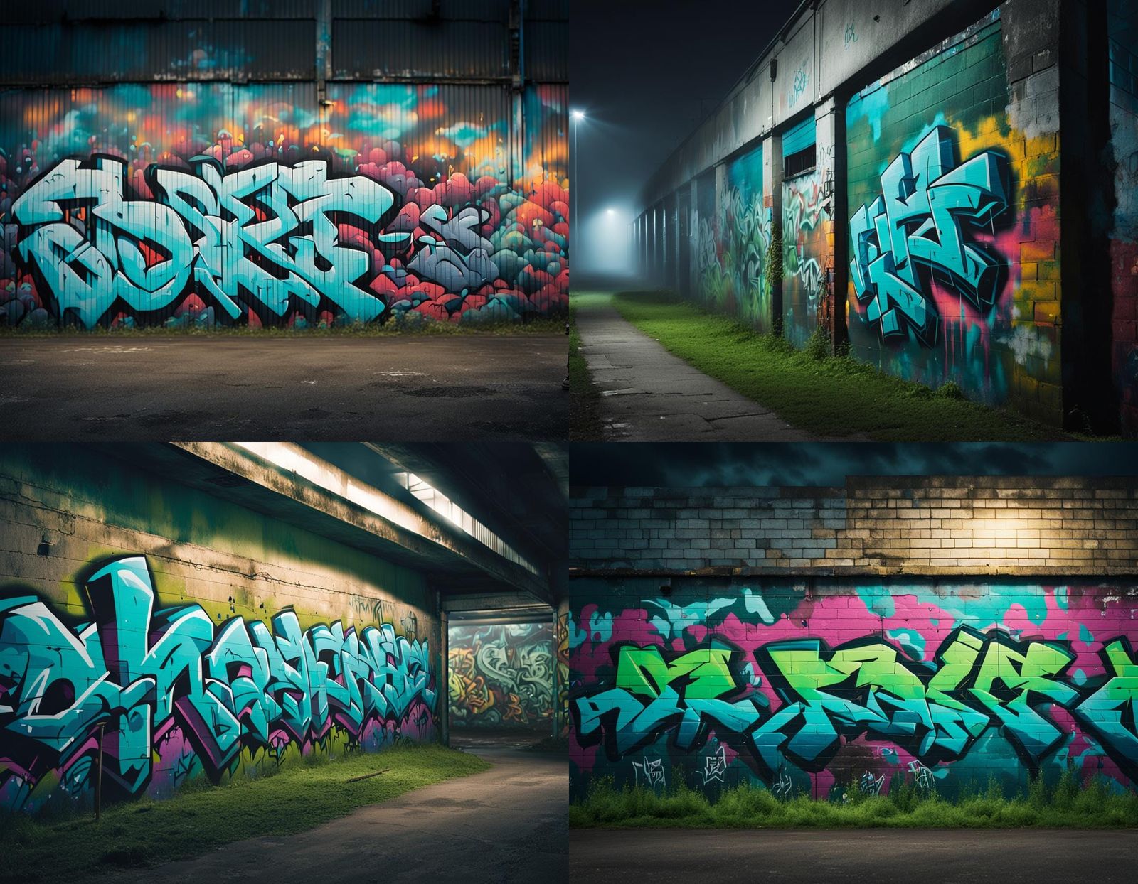 Graffiti covered wall in a deserted alleyway in a industrial estate.