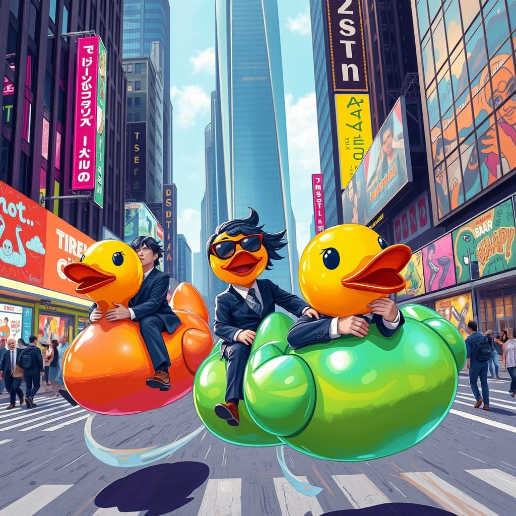 Businesspeople Riding Colorful Rubber Duckies in V... - AI Art