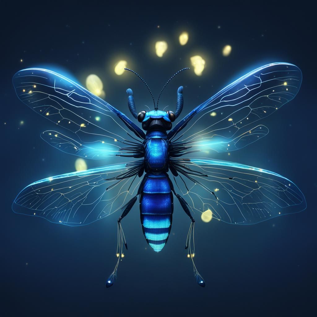 Deep blue firefly with semi transparent glowing wings, 64k resolution ...