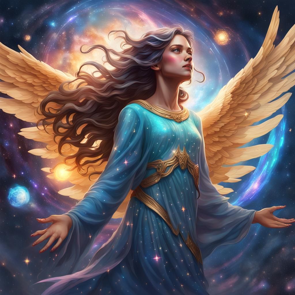 Beautiful full body angel woman flying into the galaxy with stars ...