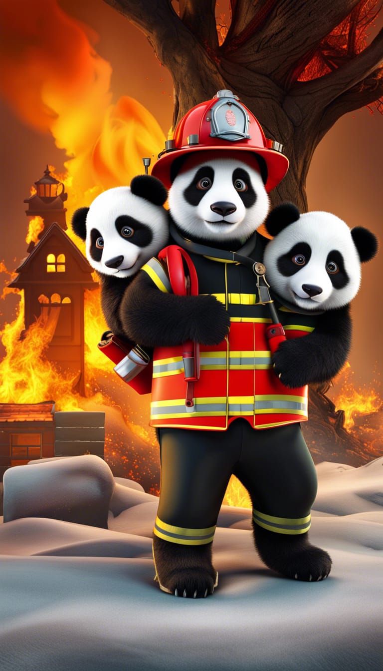 The panda firefighter successfully rescued 2 little pandas from fired place - AI Generated ...