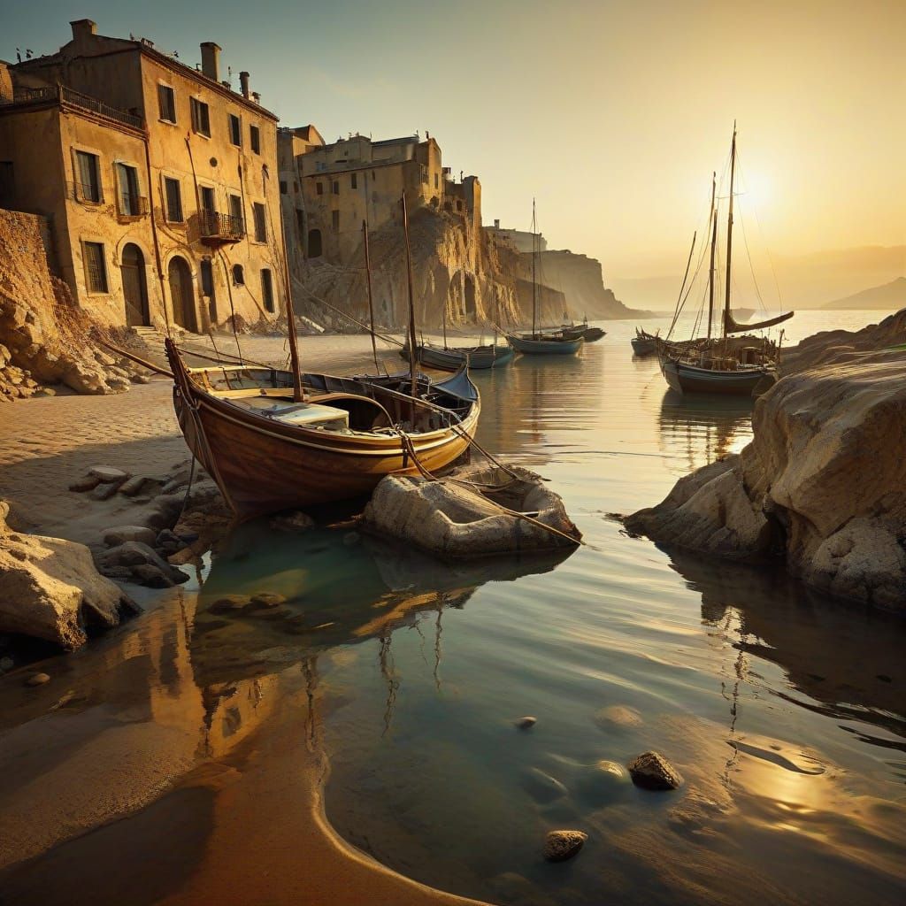 Seaside harbor - Dreamlike Seaside Harbor Scene in Oil on C...