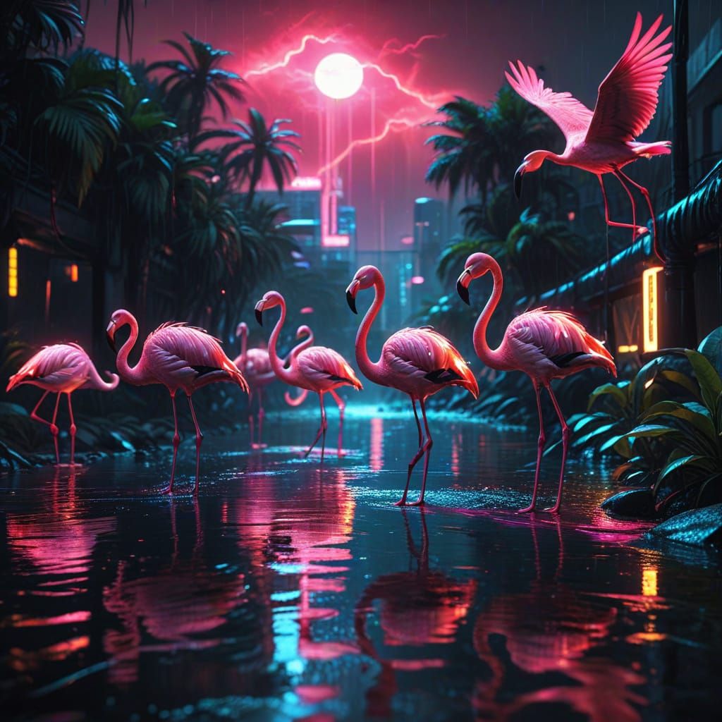 Pink Flamingos in Cyberpunk Neon Dystopia - AI Art