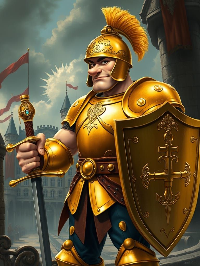 Popeye reimagined as a noble knight in shining golden armor. He wears ...