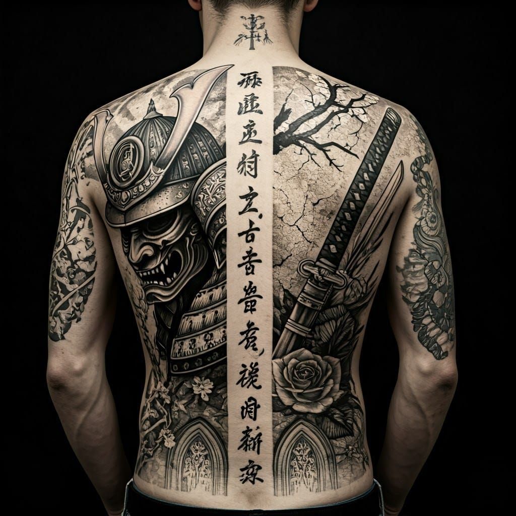 Japanese Gothic Back Tattoo Design with Bushido Co... - AI Art