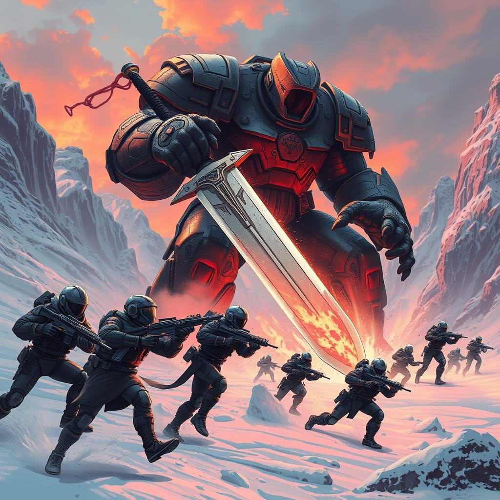 Heavily Armed Mercenaries Engage a Colossal Kreest... - AI Art