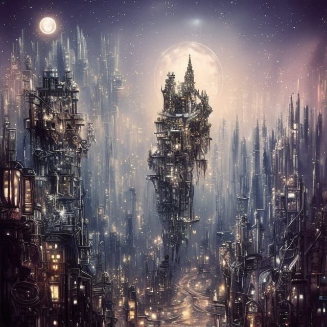 Steampunk moonlight cityscape, with @AustinDM - AI Generated Artwork ...