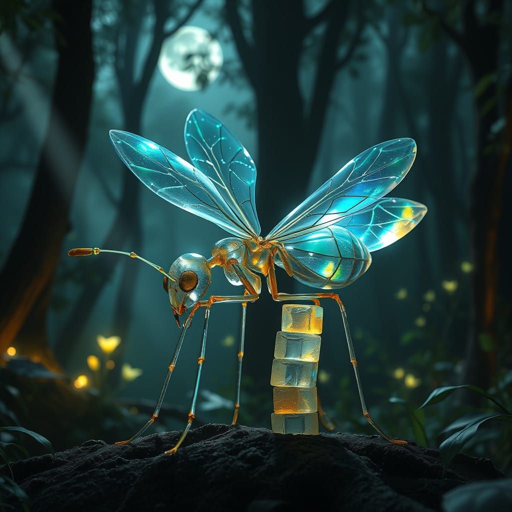 Enchanted Glass Ant Under Soft Moonlight - AI Art