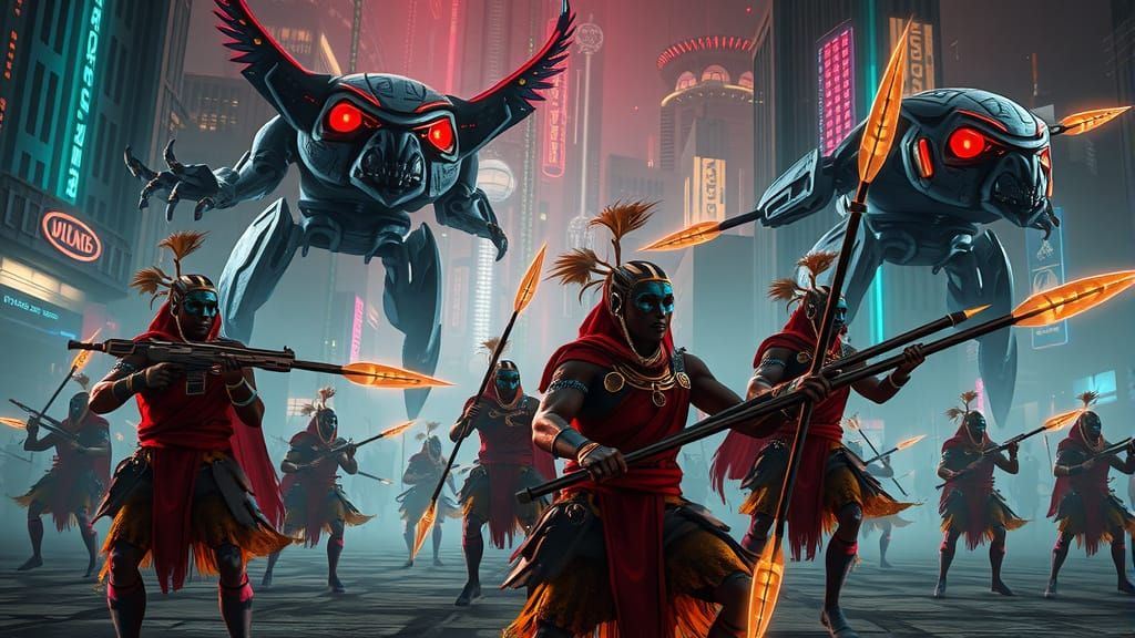 African tribe fighting robot-animals hybrids