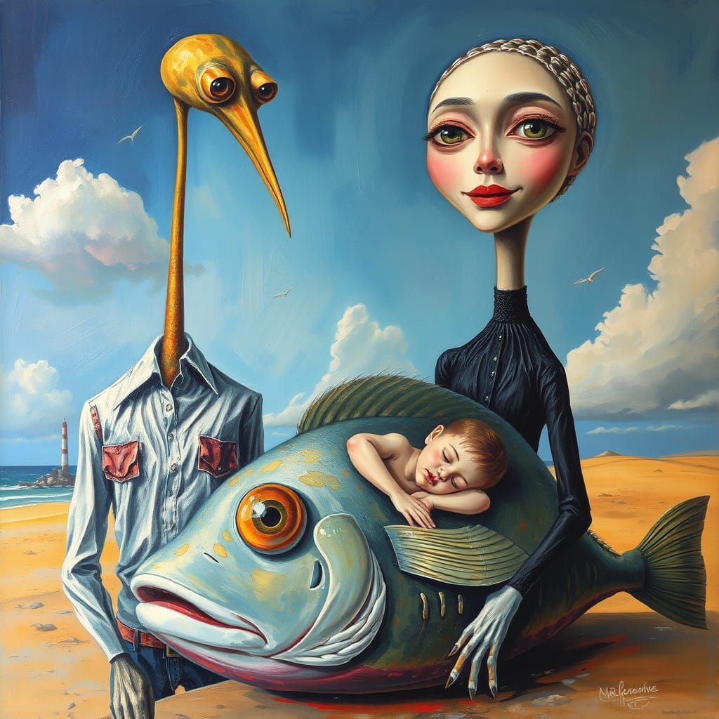 Surreal Figures Paint a Giant Fish in Street Art S... - AI Art