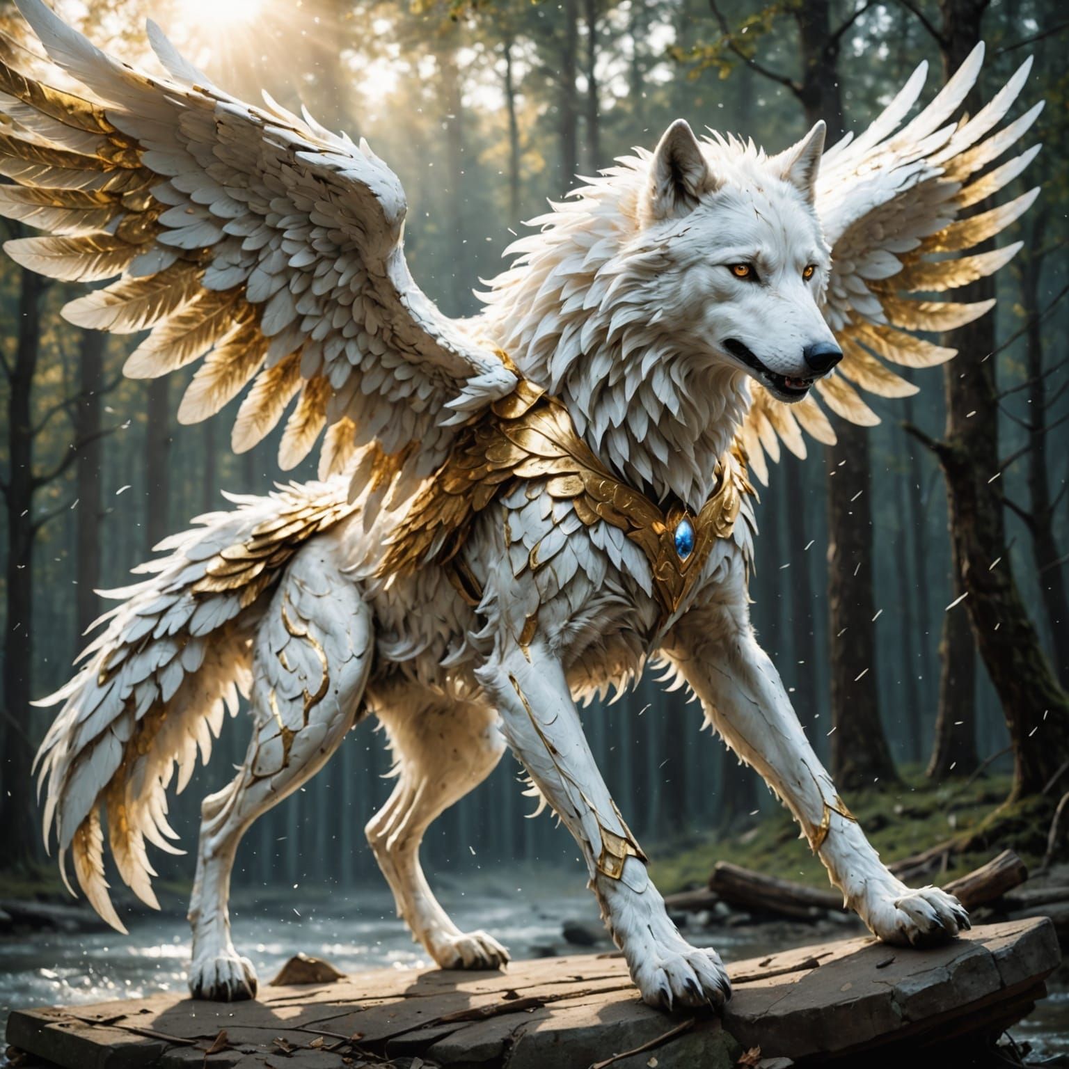 Angelic Celestial Wolf: A luminous white wolf with golden feathered ...