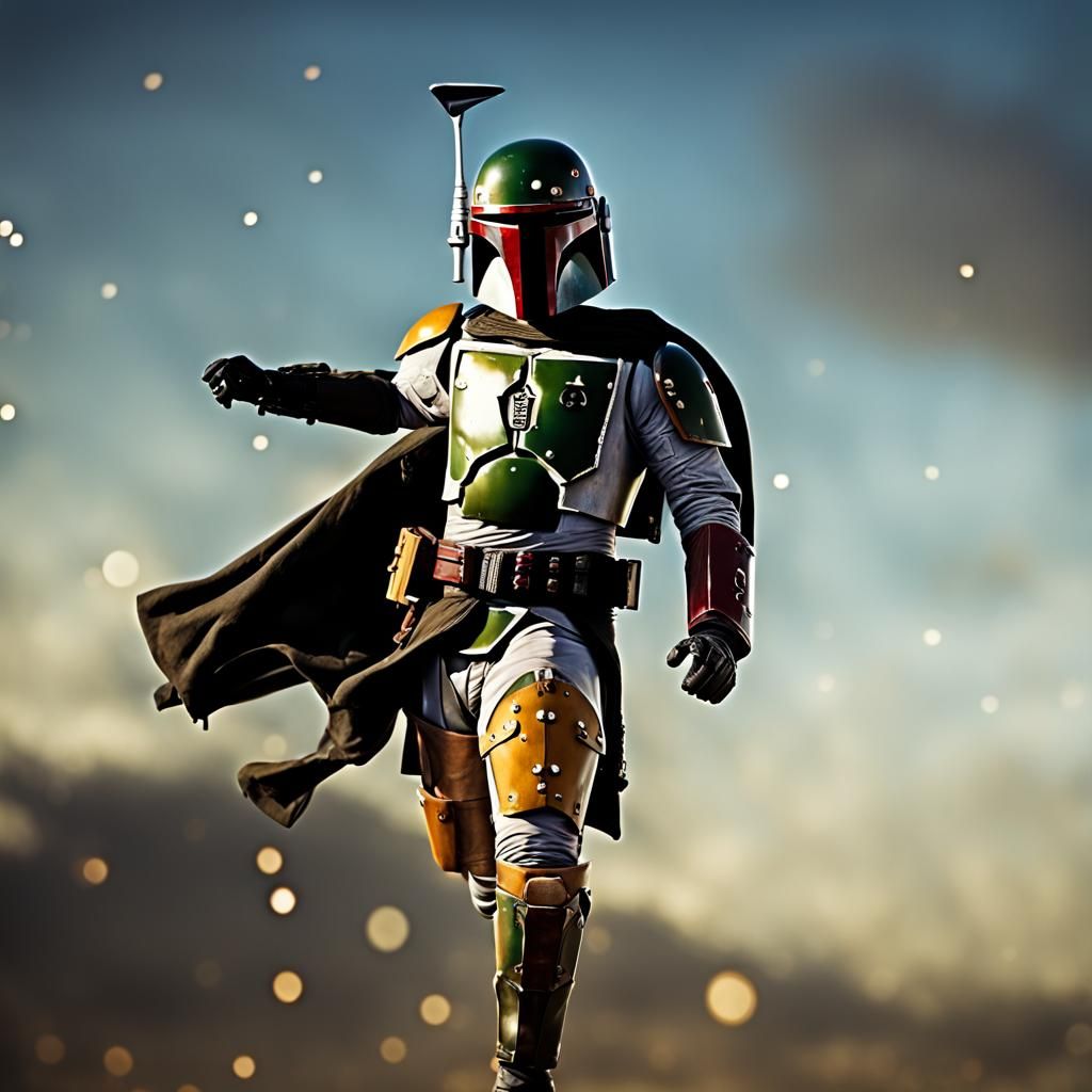 Boba Fett in his black armor, newly painted, dynamic pose as he flies ...