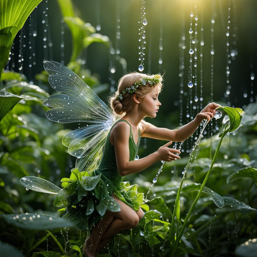 a fairy showering in dew drops under a plant - AI Generated Artwork ...