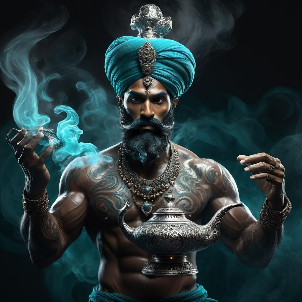 a mesmerizing portrait of an Magical genie emerging from an ornate ...