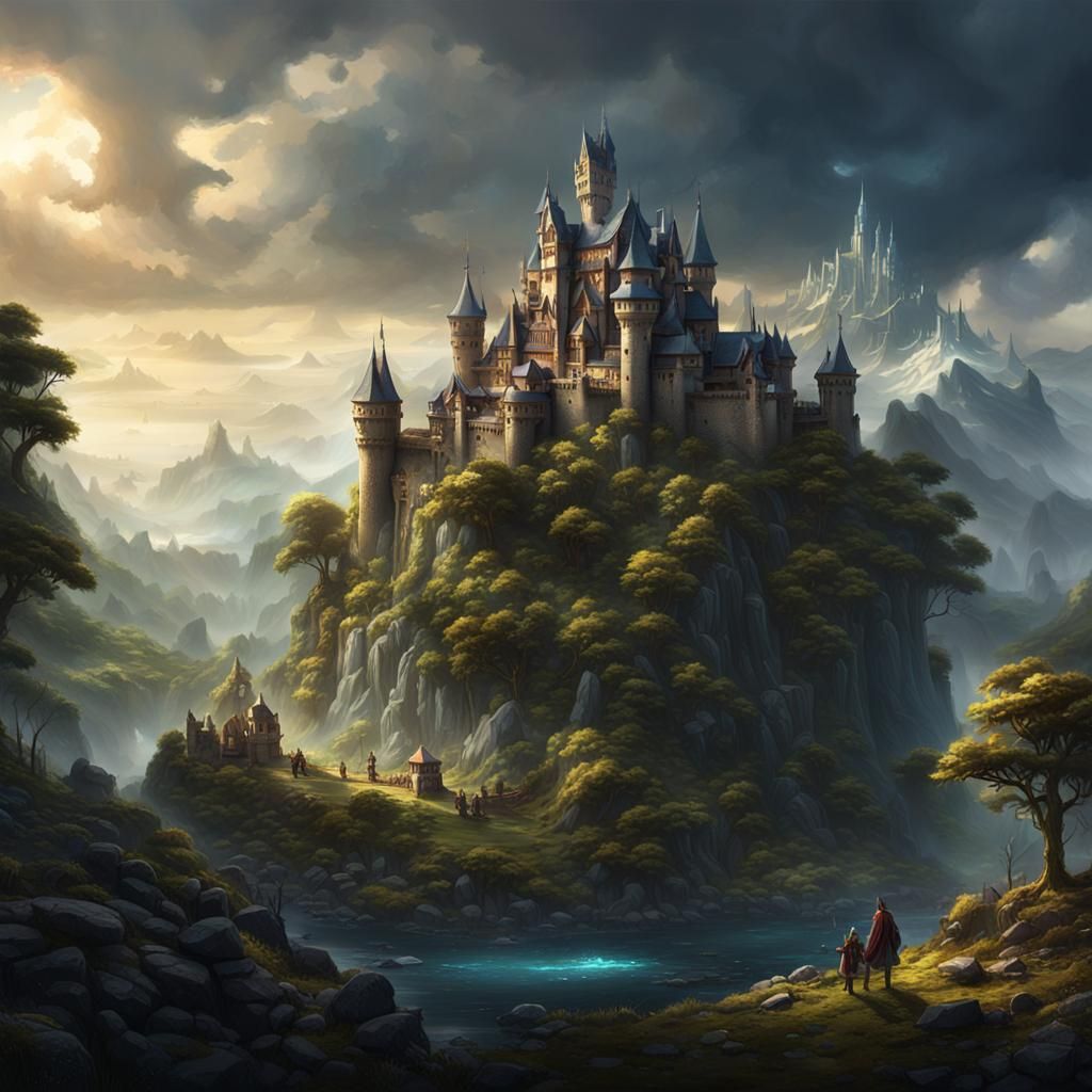 a stunning concept for an expansive fantasy world, complete with enchanted forests, towering ...