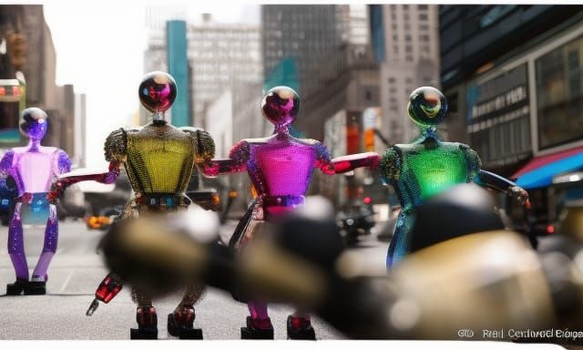 hightly detailed multicolored transparent humanoid glass robots dancing ballet in a street in ...