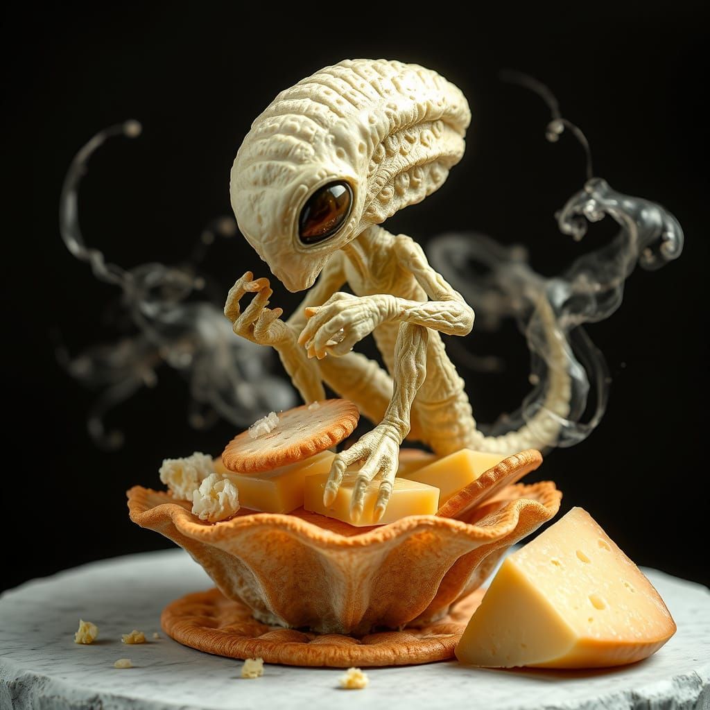 Surreal Cheese Sculpture Alien Munches on Cosmic S... - AI Art