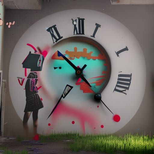 Banksy stencil graffiti style clock and girl. - AI Generated Artwork ...