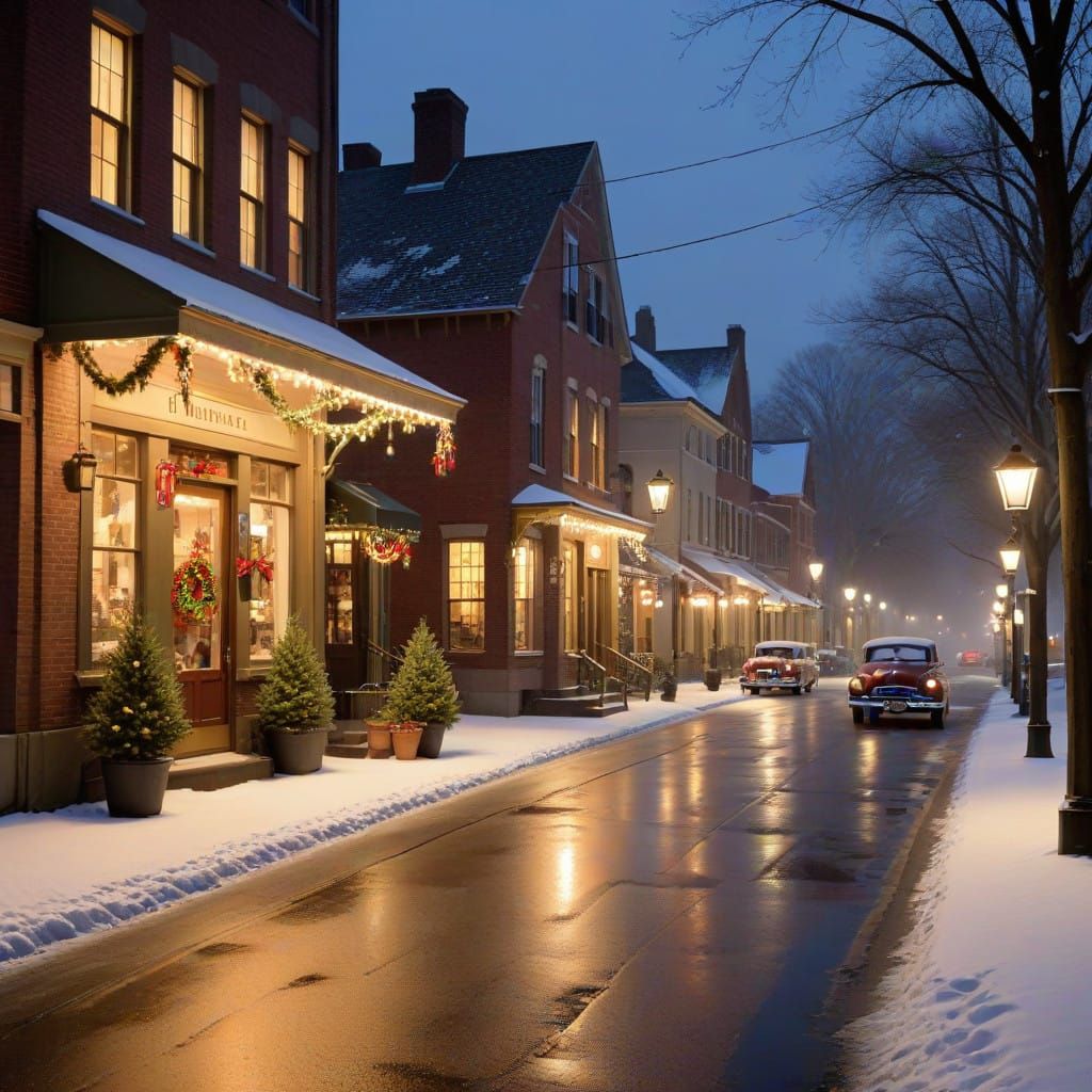 Idyllic 1950s small-town America street scene, bathed in warm, golden ...