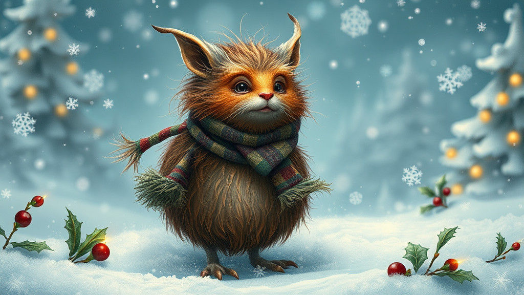 A medium shot of a round, spindle-limbed creature with long, scruffy ...