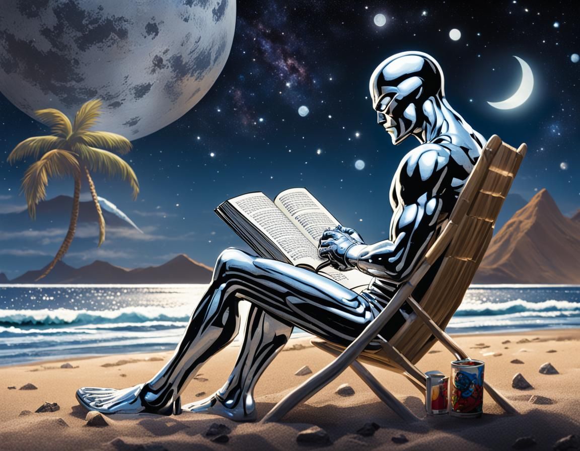 Silver Surfer Reading a Book with a Tiki Drink on the Beach in Space ...