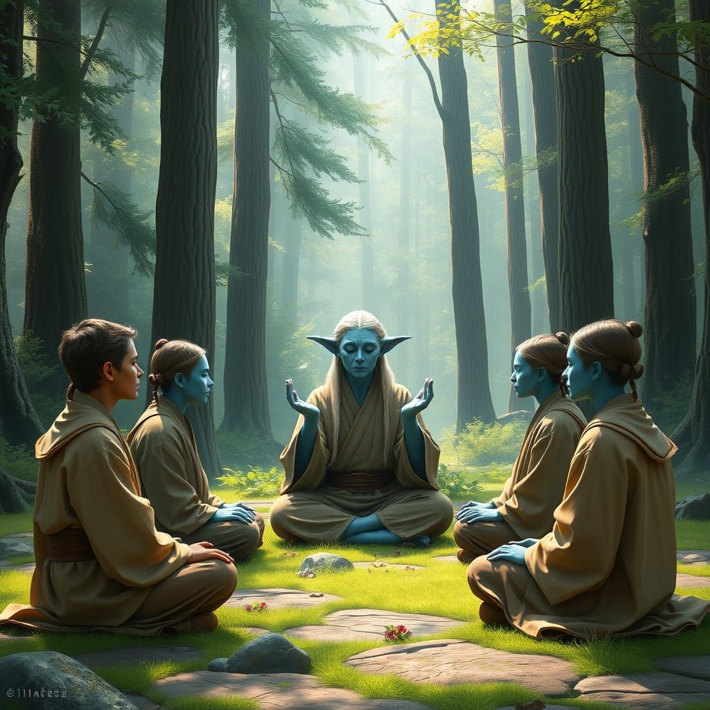 Adult young Jedi are learning meditation in nature with a Twi'lek Jedi ...