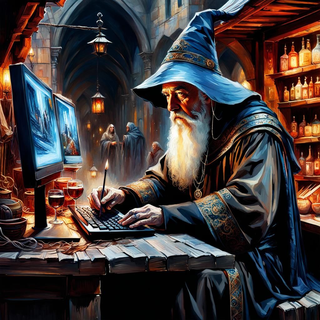 A medieval Wizard and computer - AI Generated Artwork - NightCafe Creator
