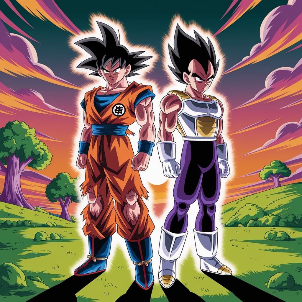 Goku and Vegeta Stand United in Vibrant Sunset Lan... - AI Art