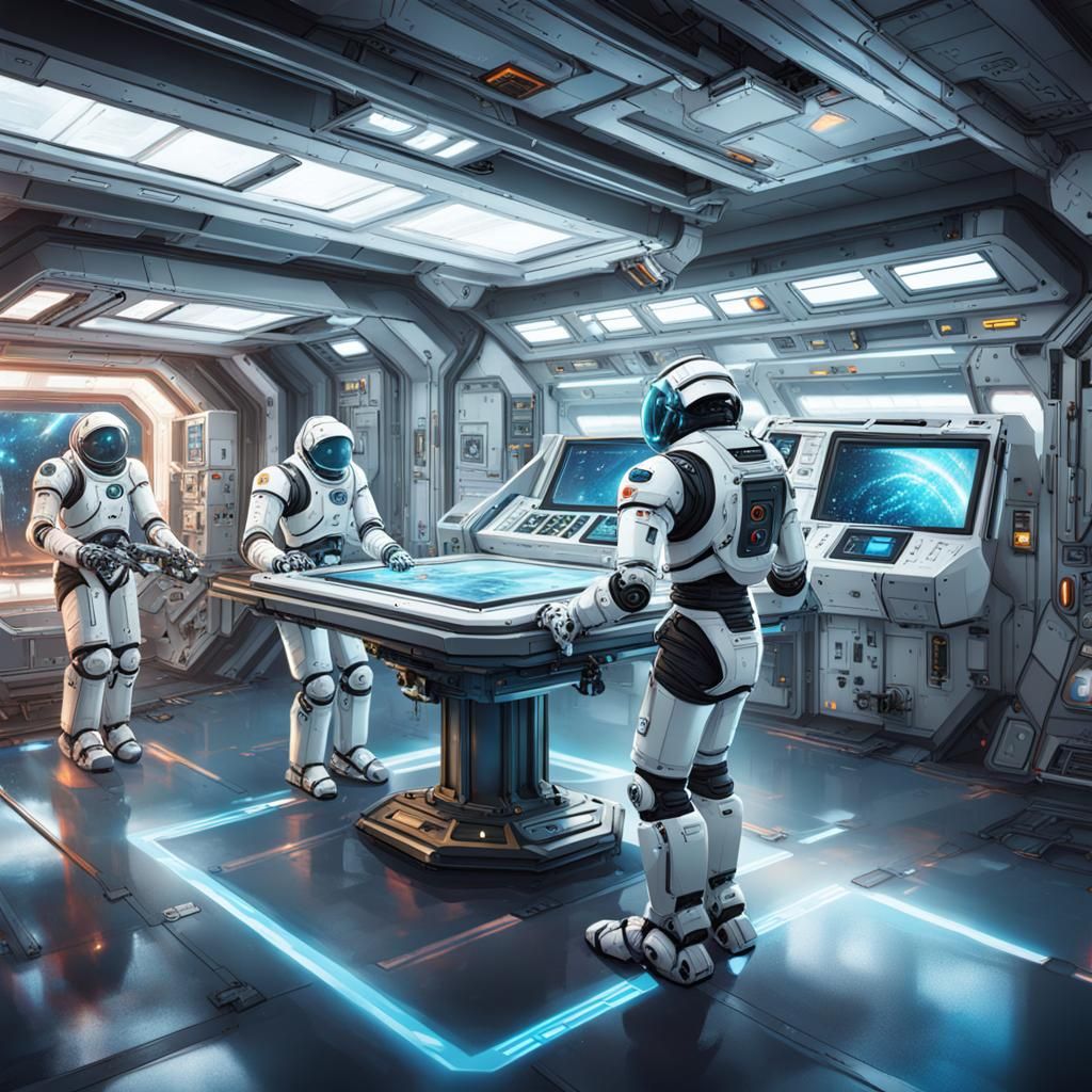 space station research lab where there humanoid android robots ...