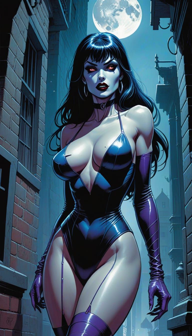 Seductive Vampire Goddess in Dark Alleyway - AI Art